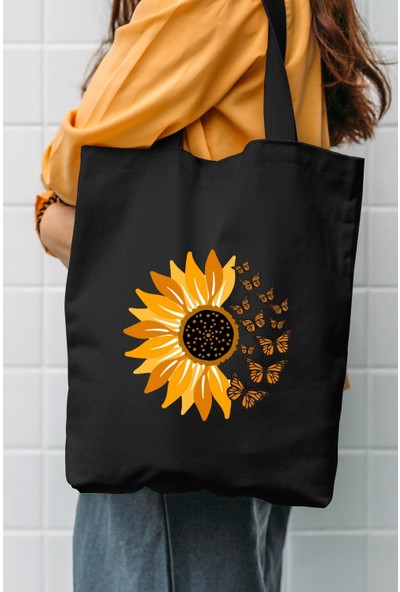 Çınar Bez Çanta Papatya ve Kelebekler Siyah Kanvas Çanta