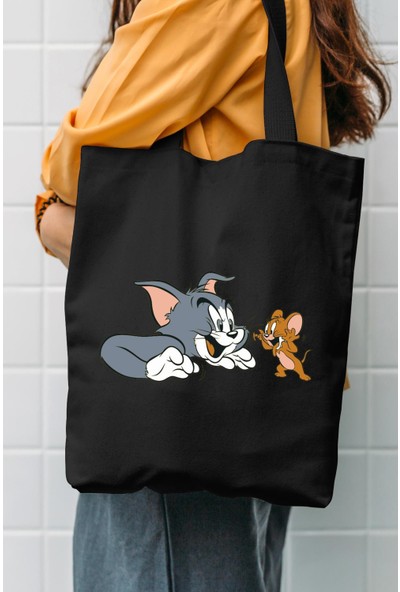 Çınar Bez Çanta Tom ve Jerry Siyah Kanvas Çanta