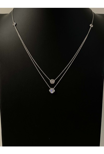 Yoro Gümüş Gümüş Yuvarlak Kare Taşlı Ikili Tektaş Kolye