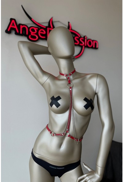 Angels Passion Kırmızı Deri Gömlek Üzeri Harness