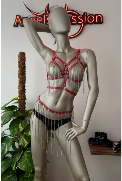 Angels Passion Zincirli Seksi Kırmızı Fantezi Deri Takım