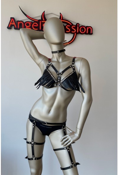 Angels Passion Püsküllü Deri Sütyen Detaylı Fantazi Jartiyer