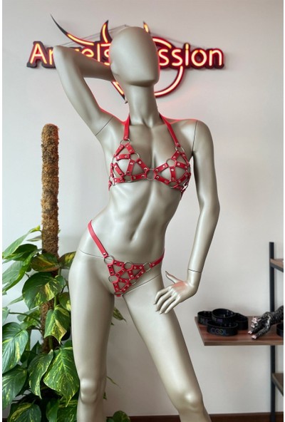 Angels Passion Kırmızı Deri Sütyen Takım Deri Iç Giyim