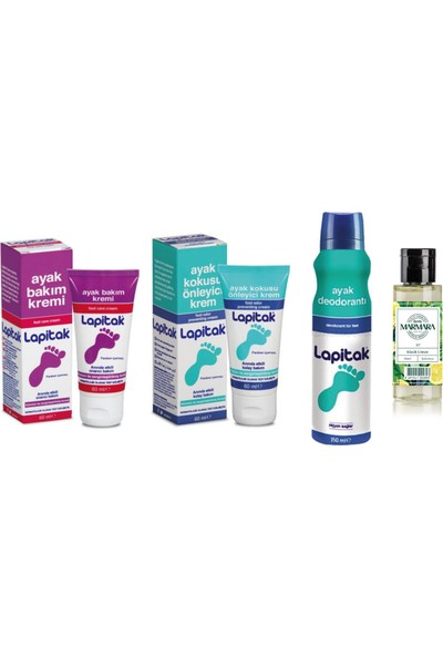 Lapitak Ayak Bakım 60 ml + Ayak Koku Önleyici 60 ml + Ayak Deodorantı 150 ml + Marmara Kolonyası 50 ml Lapitak Ayak Bakım 60 ml + Ayak Koku Önleyici 60 ml + Ayak Deodorantı 150 ml + Marmara Kolonyası 50 ml
