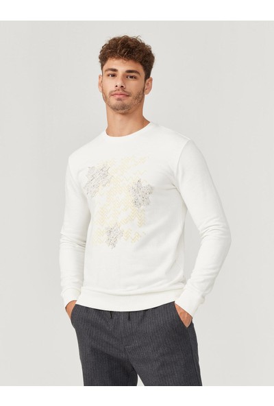 Laperle Butik %100 Pamuk Bisiklet Yaka Baskılı Sweatshirt Ekru