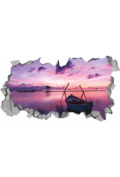 Duvar Dekor Duvar Kırığı Gün Batımı Kayık 3 Boyutlu Sticker 049