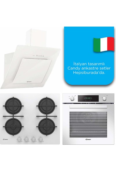 Candy 3lü Ankastre Set Beyaz (FCP405W Ankastre Fırın + CVG6WW Ankastre Ocak + CDM656WTK Davlumbaz)