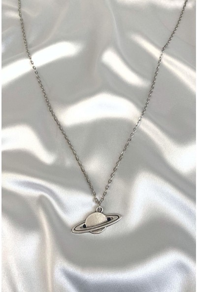 Yirmiiki Aksesuar Gezegen - Satürn Erkek Kadın Kolye Antik Gümüş Kaplama - 60 cm Düz Zincir