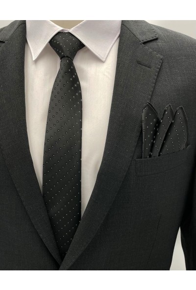 Brianze Siyah Beyaz Desenli Kravat Mendil Set