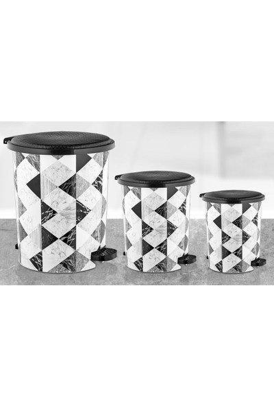 Sas Pedallı Çöp Kovası Banyo & Mutfak Her Eve Lazım 3'lü Set 20-12-8 Lt Mix Mermer Desen