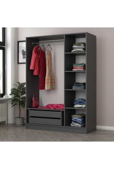 Minar Kale 3 Bölmeli 2 Çekmeceli Giyinme Dolabı Antrasit 210CM