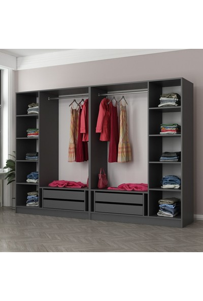 Minar Kale 6 Bölmeli 4 Çekmeceli Giyinme Dolabı Antrasit 210CM
