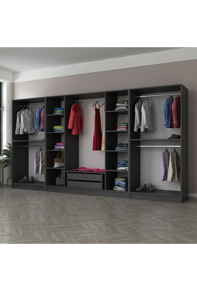 Minar Kale 8 Bölmeli 2 Çekmeceli Giyinme Dolabı Antrasit 210CM