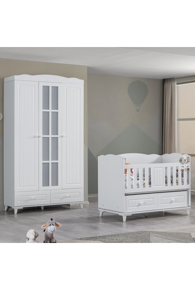 Setay Mdf Bebek Odası, Lion 3 Kapılı Dolap Sallanabilir Beşikli Bebek Odası Takımı - Beyaz Setay Mdf Bebek Odası, Lion 3 Kapılı Dolap Sallanabilir Beşikli Bebek Odası Takımı - Beyaz