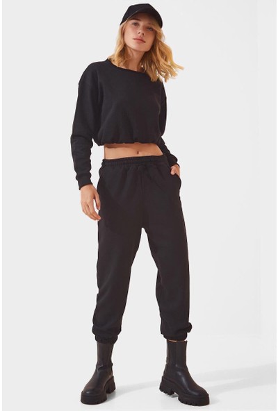 Soufeel Kadın Siyah Crop Lastikli Alt Üst Sweatshirt Eşofman Takımı