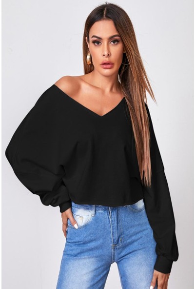 Soufeel Kadın Siyah V Yakalı Salaş Sweathirt Bluz