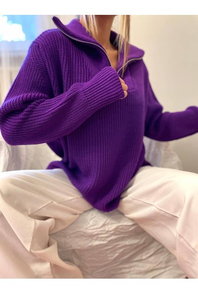 Qu Style Kadın Fermuar Detaylı Boğazlı Standart Triko KAZAK-13311