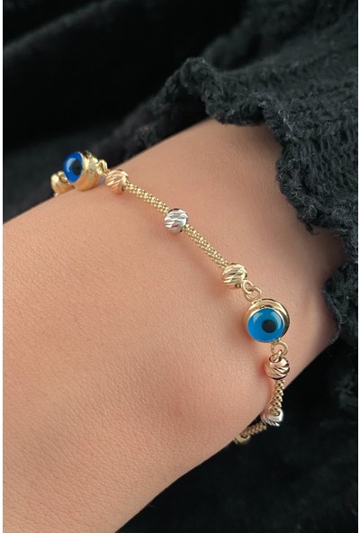 Fiyonk Kuyumculuk 14 Ayar Altın Üç Renk Italyan Top Detaylı Göz Bileklik