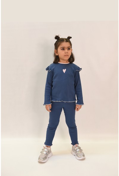 Luess Kız Çocuk Kalp Nakış ve Fırfır Detaylı Saks Mavisi Fitilli Takım