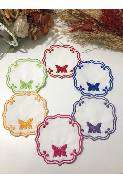 Sun Art Textile Kelebek-7 6 Farklı Renk Nakışlı Kokteyl / Sunum Peçetesi, Bardak Altlığı 6'lı Takım