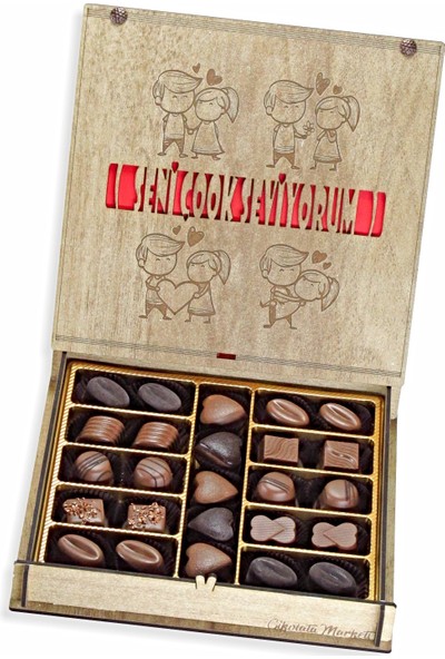 Çikolata Marketi Seni Çook Seviyorum Yazılı Sevgili Figürlü Ahşap Kutulu Çikolata