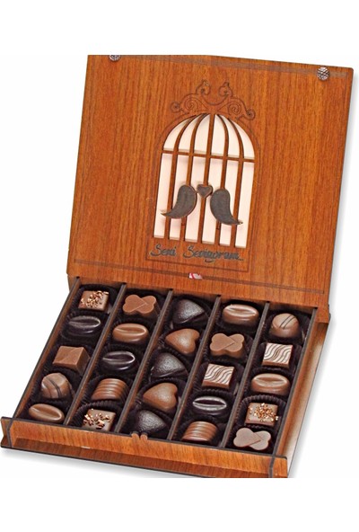 Çikolata Marketi Seni Seviyorum Yazılı Aşık Kuşlar Figürlü Ahşap Kutulu Sevgiliye Lüks Çikolata