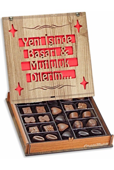 Çikolata Marketi Yeni Işinde Başarı ve Mutluluk Diliyorum Yazılı Ahşap Kutulu Yeni Iş Çikolatası