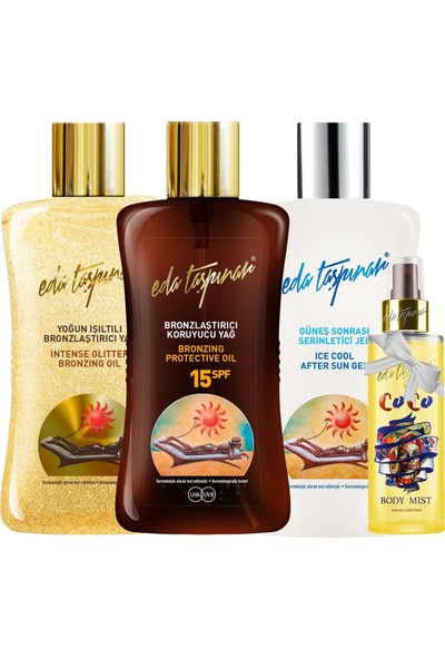 Eda Taşpınar Bronzlaştırıcı Koruyucu Yağ SPF15 - Işıltılı Bronzlaştırıcı Yağ - Serinletici Jel & Coco Body Mist Eda Taşpınar Bronzlaştırıcı Koruyucu Yağ SPF15 - Işıltılı Bronzlaştırıcı Yağ - Serinletici Jel & Coco Body Mist