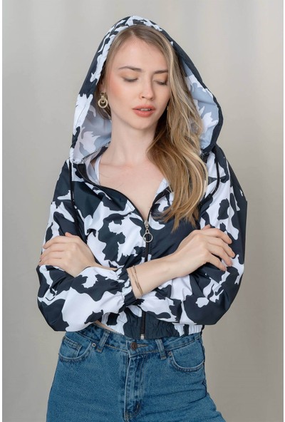 Rennkli Milka Desenli Kapüşonlu Yağmurluk - Beyaz