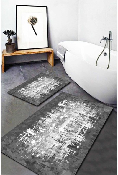 Cappio Gri Taban Üzerine Beyaz Desenli 2'li Banyo Takımı (60X100/40X60) - Banyo Paspası-CP81