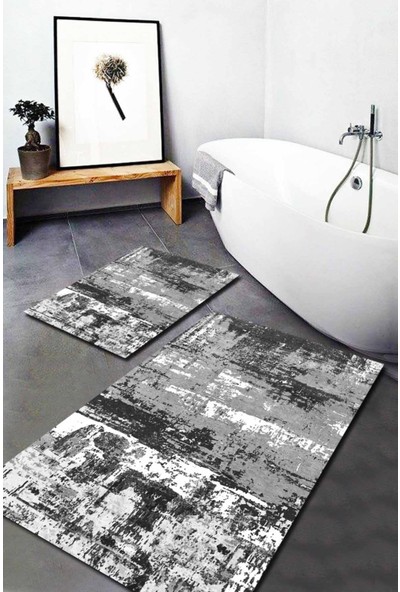 Cappio Gri Beyaz Geçişli 2'li Banyo Takımı (60X100/40X60) - Banyo Paspası-CP92