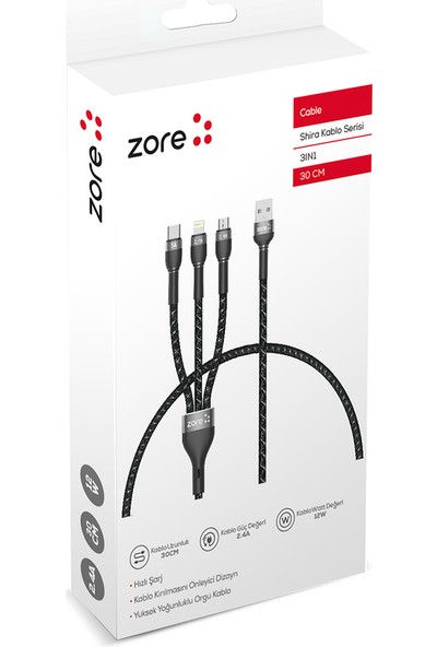 ZORE Shira Serisi 3 In 1 USB Kablo 30CM Type-C 5A Apple iPhone 12W ve Micro USB Hızlı Şarj ZORE Shira Serisi 3 In 1 USB Kablo 30CM Type-C 5A Apple iPhone 12W ve Micro USB Hızlı Şarj