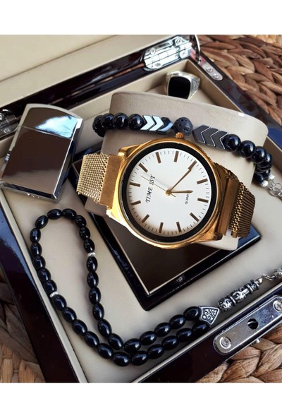 Vişneli Erkek Hediye Seti Erkek Saat-Tesbih-Bileklik-Çakmak-Yüzük