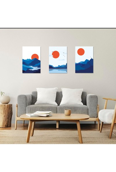 Kitap Şeyleri 3 Parça Çizim Dağ, Güneş ve Göl Manzarası Mdf Tablo 20X30