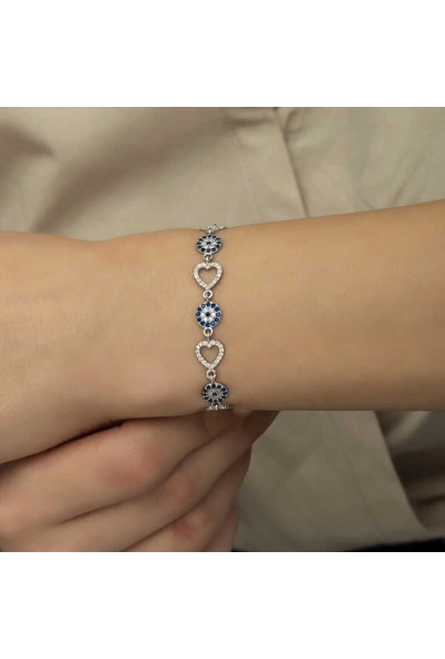 Gumush Gümüş Kalpli Nazar Bayan Bileklik