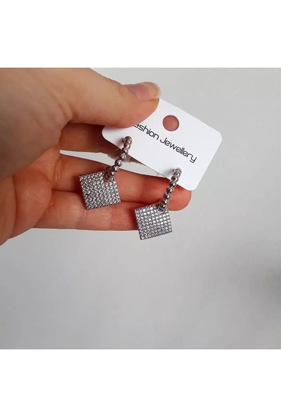Nergis Zirkon Taşlı Gümüş Kaplama Kare Küpe