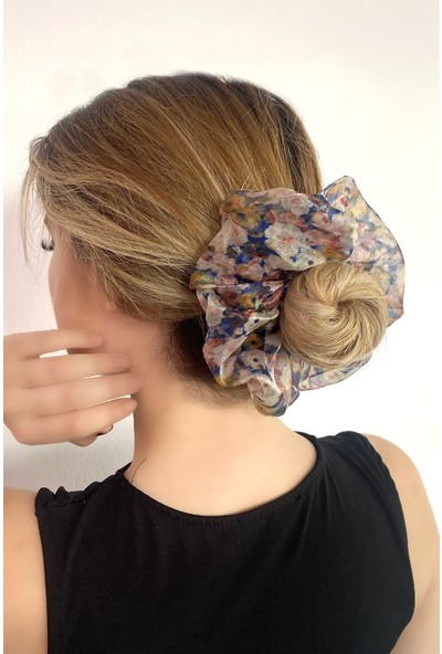 Takıştır Karışık Renk Çiçek Desenli Organze Scrunchies Lastik Toka