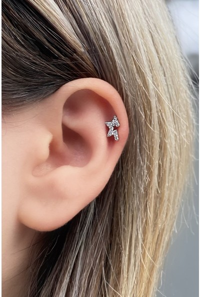 Takıştır Cerrahi Paslanmaz Çelik Gümüş Renk Yarım Yıldız Figürlü Taşlı Kıkırdak Helix Piercing