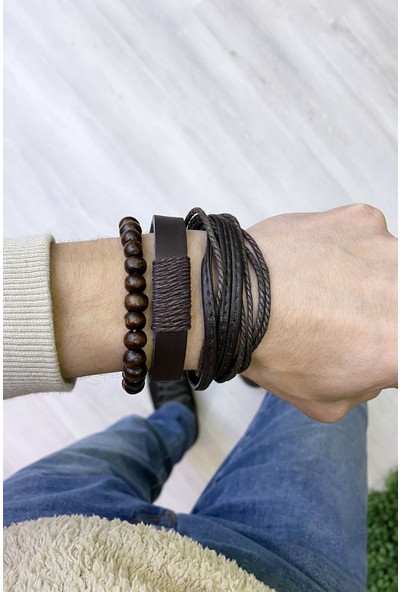 Takıştır Erkek Çoklu Deri Bileklik Kombin