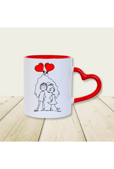 Burak Baskı Tasarım Sevgililer Gününe Özel Kırmızı Balonlu Sevgili Tasarım Baskılı Kırmızı Kalp Kulplu Kupa Bardak