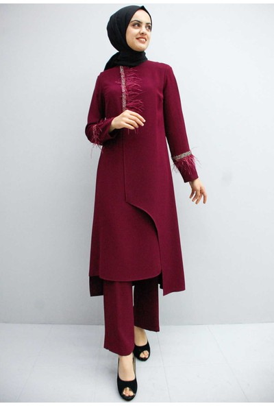 Krm 210414 Bordo Önü ve Kolları Taş ve Tüy Detaylı Tunik Takım