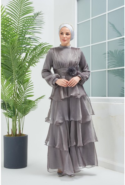 Işıltı Kumaş Kat Kat Çingene Etek Tesettür Abiye Elbise 7760