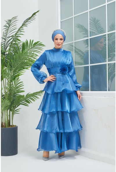 Işıltı Kumaş Kat Kat Çingene Etek Tesettür Abiye Elbise 7760