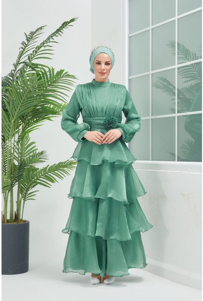 Işıltı Kumaş Kat Kat Çingene Etek Tesettür Abiye Elbise 7760