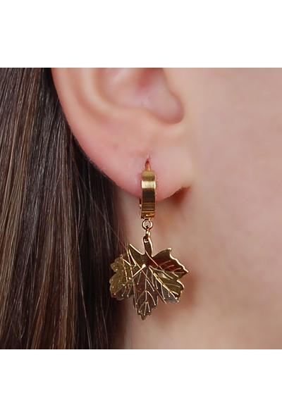 Stainless Steel Çelik Yapraklı Küpe Gold