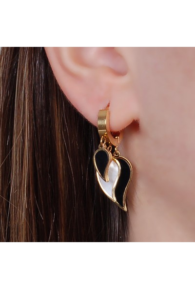 Saysar Çelik Siyah Beyaz Damlalı Küpe Gold