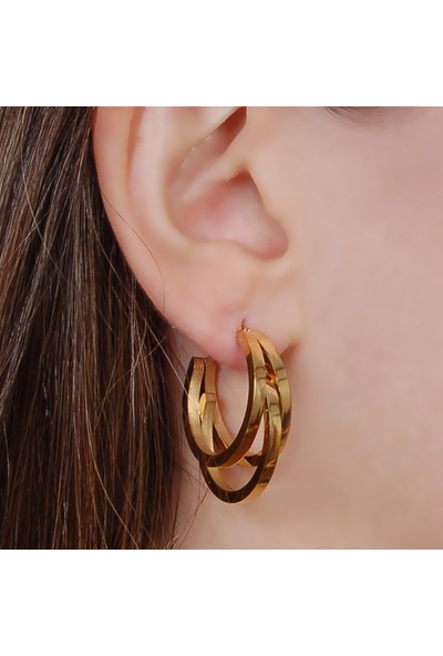 Saysar Çelik Üç Halkalı Küpe Gold