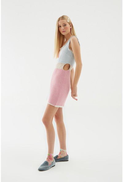 Quzu Cut Out Tüvit Elbise Bej