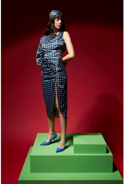 Quzu Büzgülü Midi Boy Etek Mavi Quzu Büzgülü Midi Boy Etek Mavi