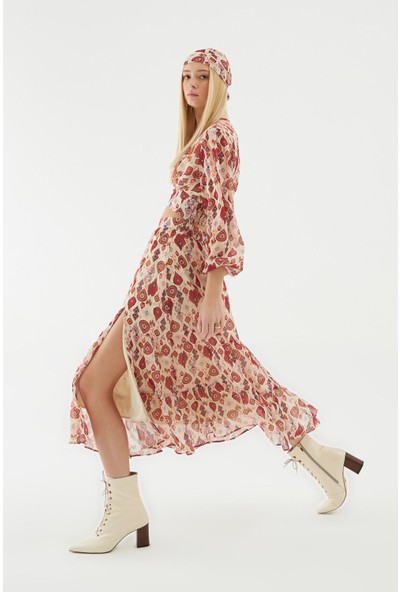 Quzu Tül Detaylı Yırtmaçlı Midi Boy Etek Bej